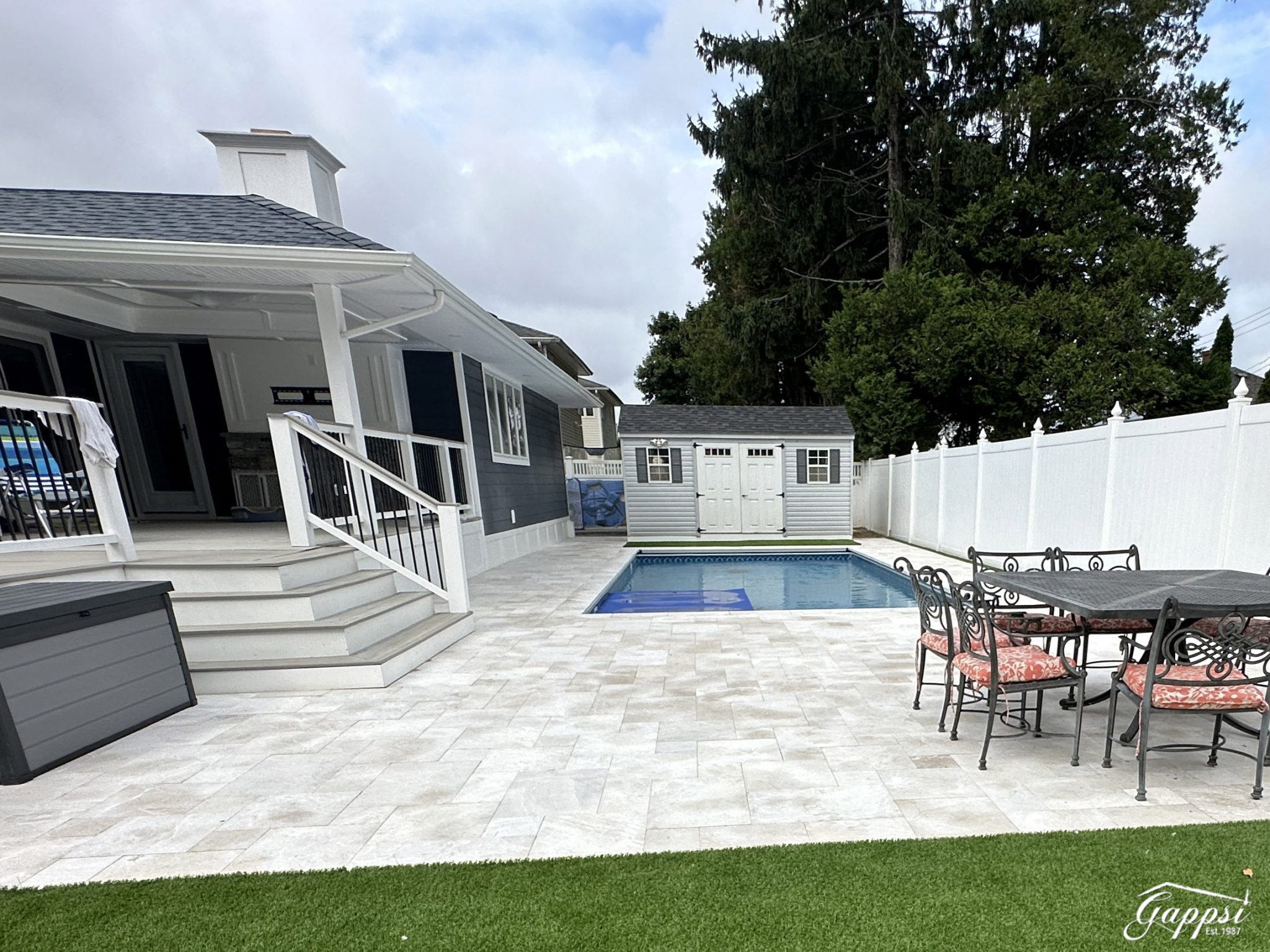 Marble Patio, Vinyl Pool & Synthetic Turf Backyard Installation in ...